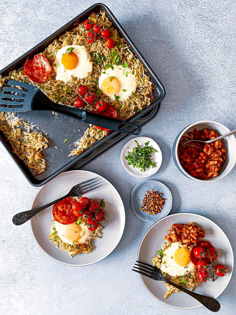 Healthier English Breakfast with Oven Baked Hash Browns and Eggs - Hide ...